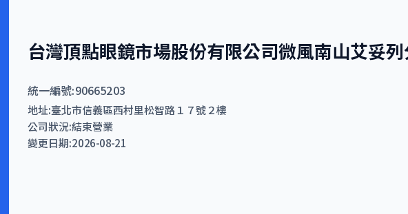 台灣頂點眼鏡市場股份有限公司微風南山艾妥列分公司的照片-統編 90665203(臺北市) 公司登記資料與營業項目詳細圖表