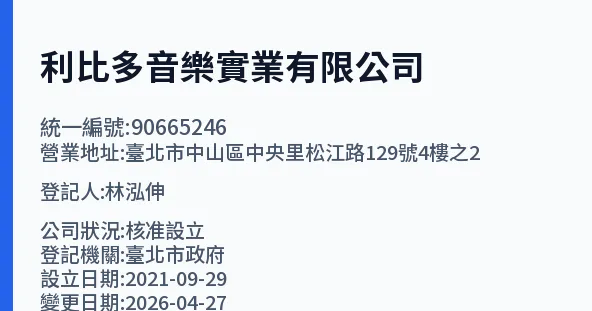 利比多音樂實業有限公司的照片-統編 90665246(臺北市) 公司登記資料與營業項目詳細圖表