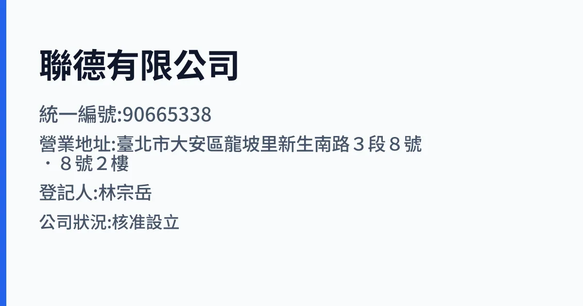 聯德有限公司 - 統編 90665338(臺北市) 公司登記資料與營業項目詳細圖表