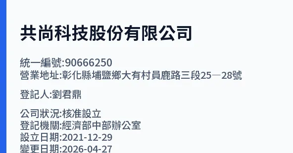 共尚科技股份有限公司的照片-統編 90666250(彰化縣) 公司登記資料與營業項目詳細圖表