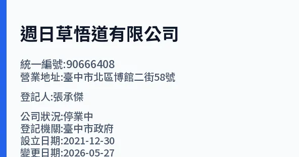 週日草悟道有限公司的照片-統編 90666408(臺中市) 公司登記資料與營業項目詳細圖表