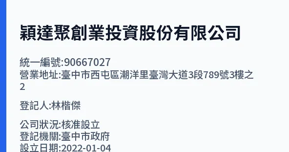 穎達聚創業投資股份有限公司的照片-統編 90667027(臺中市) 公司登記資料與營業項目詳細圖表