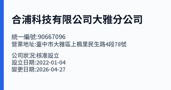 合浦科技有限公司大雅分公司的照片-統編 90667096(臺中市) 公司登記資料與營業項目詳細圖表