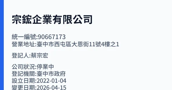 宗鋐企業有限公司的照片-統編 90667173(臺中市) 公司登記資料與營業項目詳細圖表