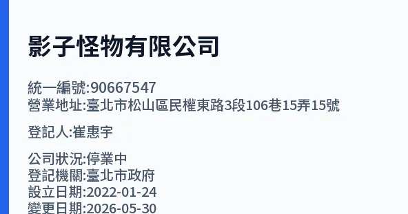 影子怪物有限公司的照片-統編 90667547(臺北市) 公司登記資料與營業項目詳細圖表