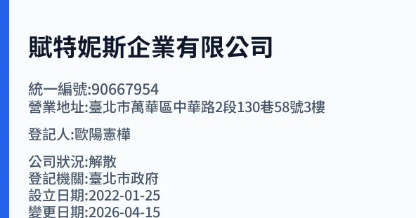 賦特妮斯企業有限公司的照片-統編 90667954(臺北市) 公司登記資料與營業項目詳細圖表