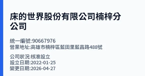 床的世界股份有限公司楠梓分公司的照片-統編 90667976(高雄市) 公司登記資料與營業項目詳細圖表