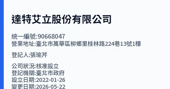 達特艾立股份有限公司的照片-統編 90668047(臺北市) 公司登記資料與營業項目詳細圖表