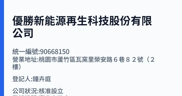 優勝新能源再生科技股份有限公司的照片-統編 90668150(臺北市) 公司登記資料與營業項目詳細圖表