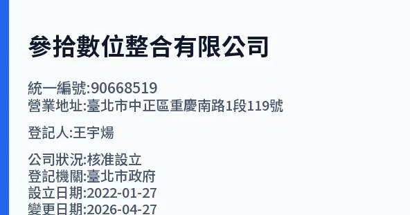 參拾數位整合有限公司的照片-統編 90668519(臺北市) 公司登記資料與營業項目詳細圖表