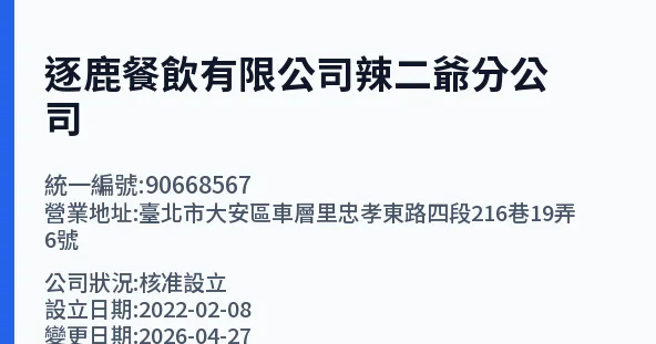 逐鹿餐飲有限公司辣二爺分公司的照片-統編 90668567(臺北市) 公司登記資料與營業項目詳細圖表