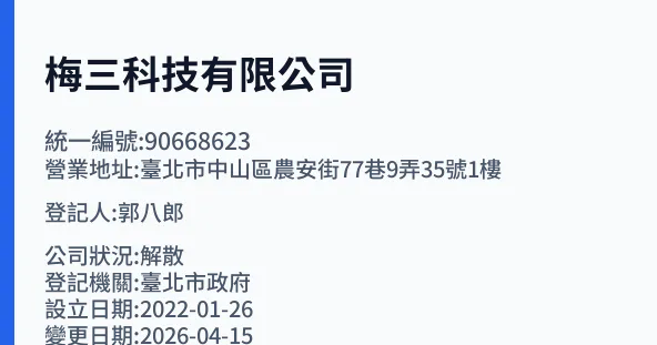 梅三科技有限公司的照片-統編 90668623(臺北市) 公司登記資料與營業項目詳細圖表