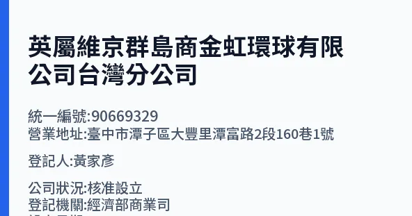 英屬維京群島商金虹環球有限公司台灣分公司的照片-統編 90669329(臺中市) 公司登記資料與營業項目詳細圖表