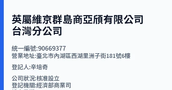 英屬維京群島商亞頎有限公司台灣分公司的照片-統編 90669377(臺北市) 公司登記資料與營業項目詳細圖表