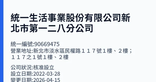 統一生活事業股份有限公司新北市第一二八分公司的照片-統編 90669475(新北市) 公司登記資料與營業項目詳細圖表
