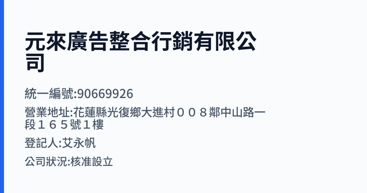 元來廣告整合行銷有限公司 - 統編 90669926(花蓮縣) 公司登記資料與營業項目詳細圖表
