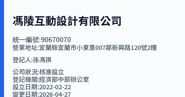 馮陵互動設計有限公司的照片-統編 90670070(宜蘭縣) 公司登記資料與營業項目詳細圖表