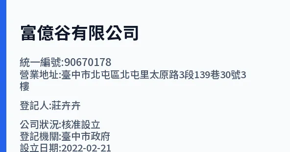 富億谷有限公司的照片-統編 90670178(臺中市) 公司登記資料與營業項目詳細圖表