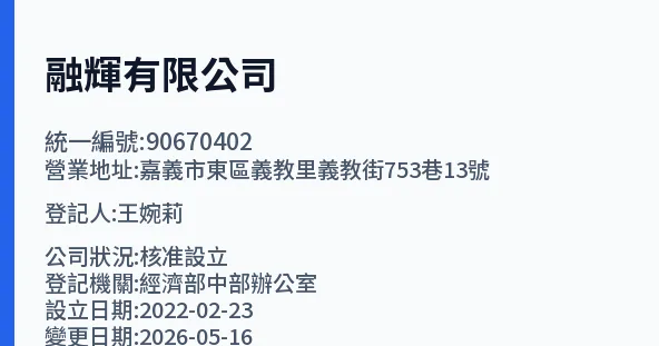 融輝有限公司的照片-統編 90670402(嘉義市) 公司登記資料與營業項目詳細圖表