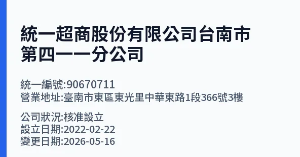 統一超商股份有限公司台南市第四一一分公司的照片-統編 90670711(臺南市) 公司登記資料與營業項目詳細圖表
