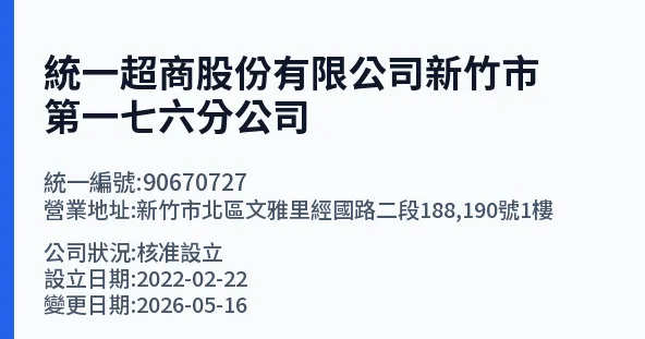 統一超商股份有限公司新竹市第一七六分公司的照片-統編 90670727(新竹市) 公司登記資料與營業項目詳細圖表