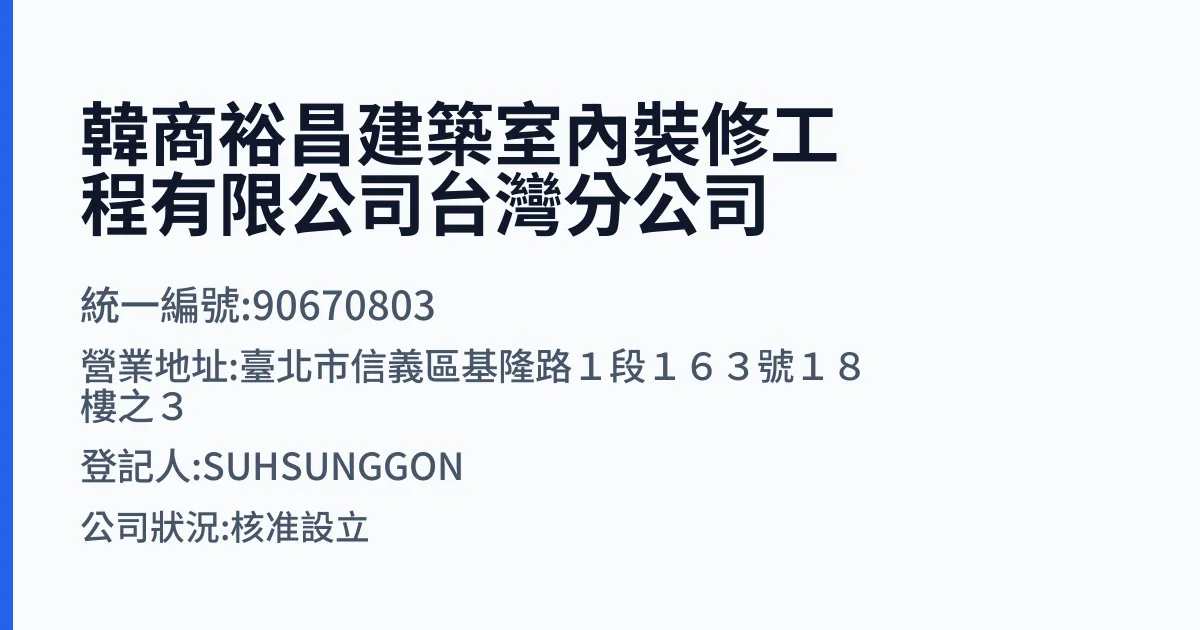 韓商裕昌建築室內裝修工程有限公司台灣分公司 - 統編 90670803(臺北市) 公司登記資料與營業項目詳細圖表