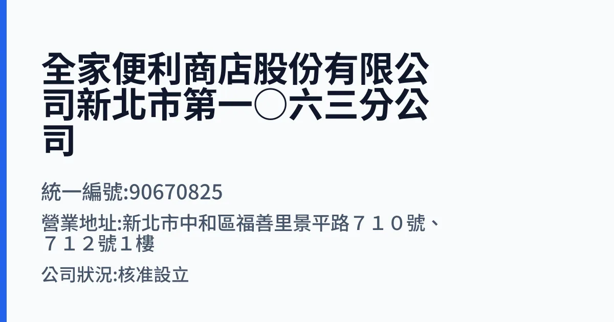 全家便利商店股份有限公司新北市第一○六三分公司 - 統編 90670825(新北市) 公司登記資料與營業項目詳細圖表