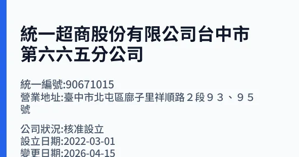 統一超商股份有限公司台中市第六六五分公司的照片-統編 90671015(臺中市) 公司登記資料與營業項目詳細圖表