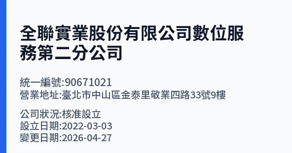 全聯實業股份有限公司數位服務第二分公司的照片-統編 90671021(臺北市) 公司登記資料與營業項目詳細圖表