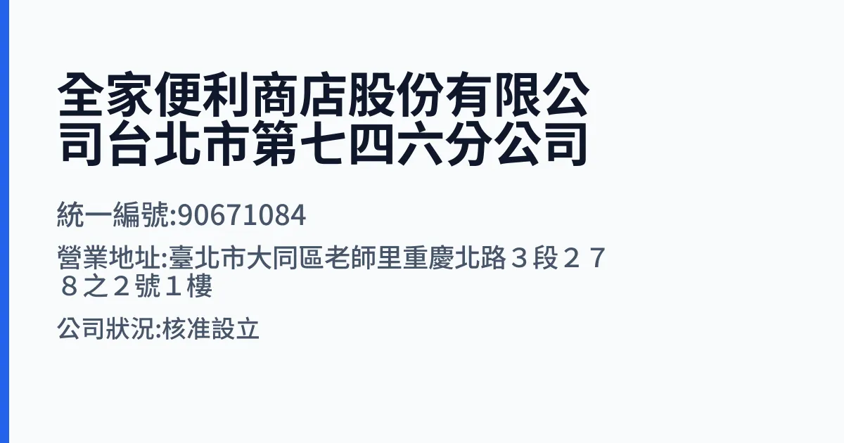 全家便利商店股份有限公司台北市第七四六分公司 - 統編 90671084(臺北市) 公司登記資料與營業項目詳細圖表
