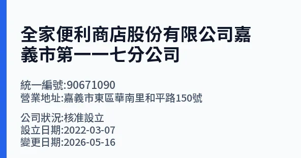 全家便利商店股份有限公司嘉義市第一一七分公司的照片-統編 90671090(嘉義市) 公司登記資料與營業項目詳細圖表