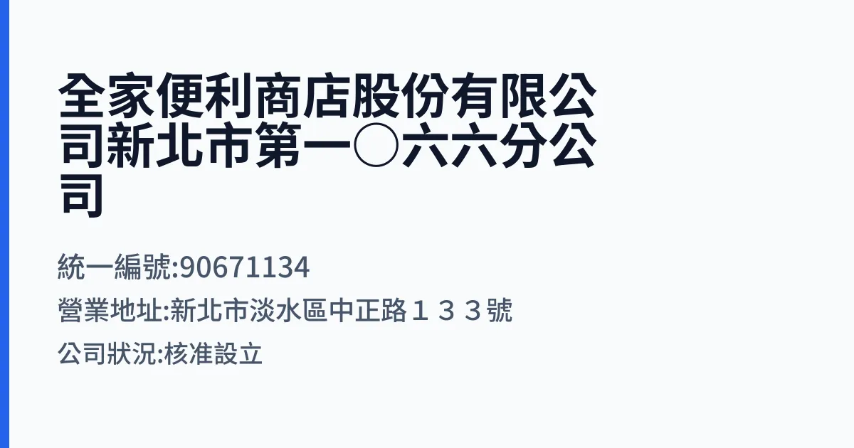 全家便利商店股份有限公司新北市第一○六六分公司 - 統編 90671134(新北市) 公司登記資料與營業項目詳細圖表