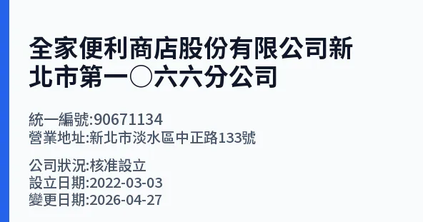 全家便利商店股份有限公司新北市第一○六六分公司的照片-統編 90671134(新北市) 公司登記資料與營業項目詳細圖表