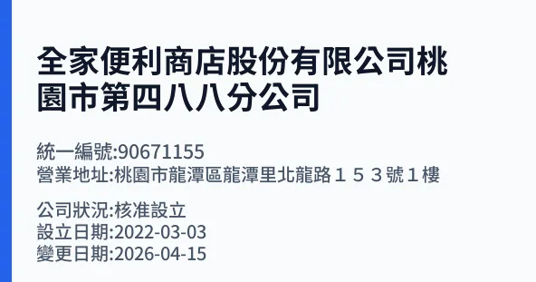 全家便利商店股份有限公司桃園市第四八八分公司的照片-統編 90671155(桃園市) 公司登記資料與營業項目詳細圖表
