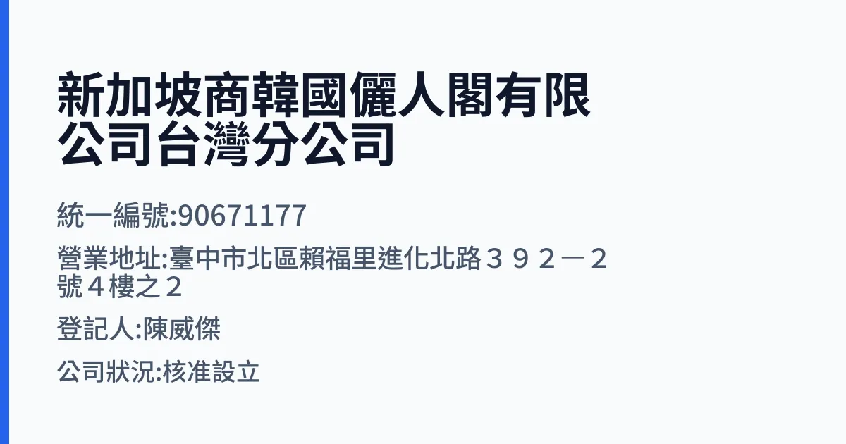 新加坡商韓國儷人閣有限公司台灣分公司 - 統編 90671177(臺中市) 公司登記資料與營業項目詳細圖表