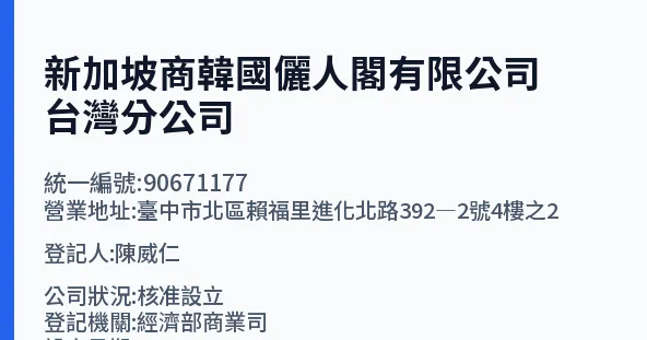 新加坡商韓國儷人閣有限公司台灣分公司的照片-統編 90671177(臺中市) 公司登記資料與營業項目詳細圖表
