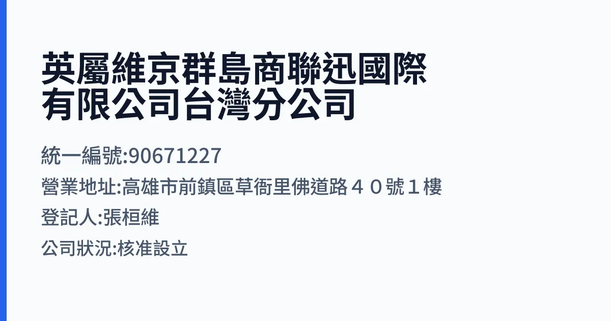 英屬維京群島商聯迅國際有限公司台灣分公司 - 統編 90671227(高雄市) 公司登記資料與營業項目詳細圖表