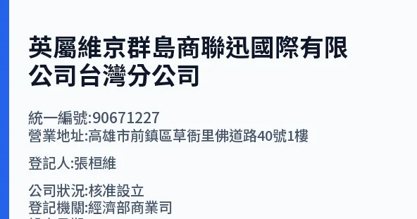 英屬維京群島商聯迅國際有限公司台灣分公司的照片-統編 90671227(高雄市) 公司登記資料與營業項目詳細圖表