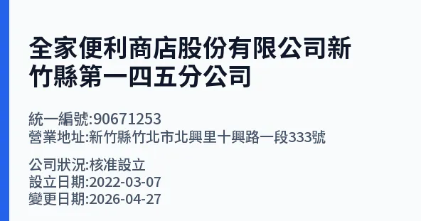 全家便利商店股份有限公司新竹縣第一四五分公司的照片-統編 90671253(新竹縣) 公司登記資料與營業項目詳細圖表