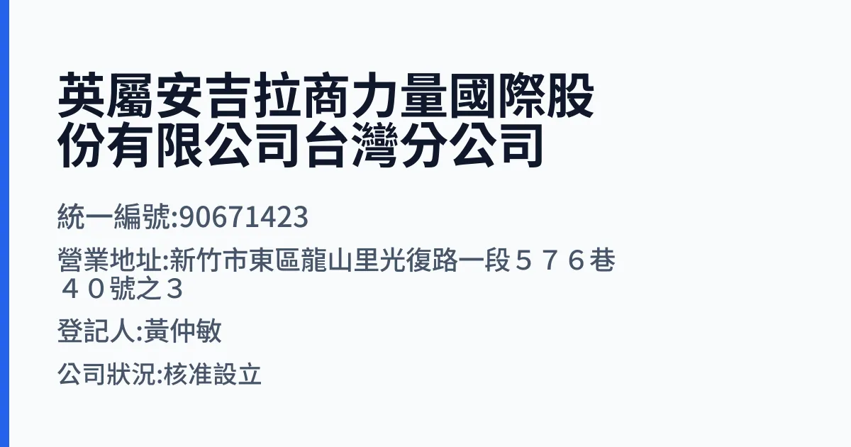 英屬安吉拉商力量國際股份有限公司台灣分公司 - 統編 90671423(新竹市) 公司登記資料與營業項目詳細圖表