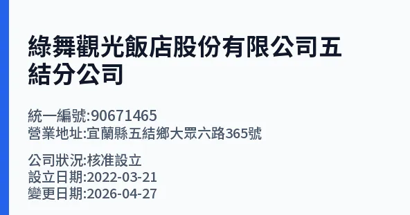 綠舞觀光飯店股份有限公司五結分公司的照片-統編 90671465(宜蘭縣) 公司登記資料與營業項目詳細圖表