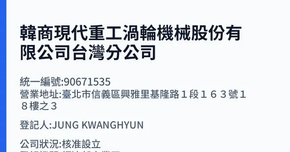 韓商現代重工渦輪機械股份有限公司台灣分公司的照片-統編 90671535(臺北市) 公司登記資料與營業項目詳細圖表