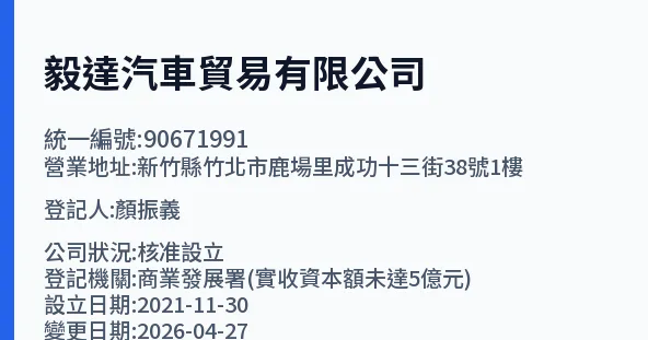 毅達汽車貿易有限公司的照片-統編 90671991(新竹縣) 公司登記資料與營業項目詳細圖表