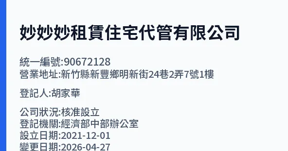 妙妙妙租賃住宅代管有限公司的照片-統編 90672128(新竹縣) 公司登記資料與營業項目詳細圖表