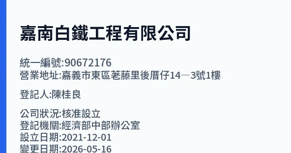 嘉南白鐵工程有限公司的照片-統編 90672176(嘉義市) 公司登記資料與營業項目詳細圖表