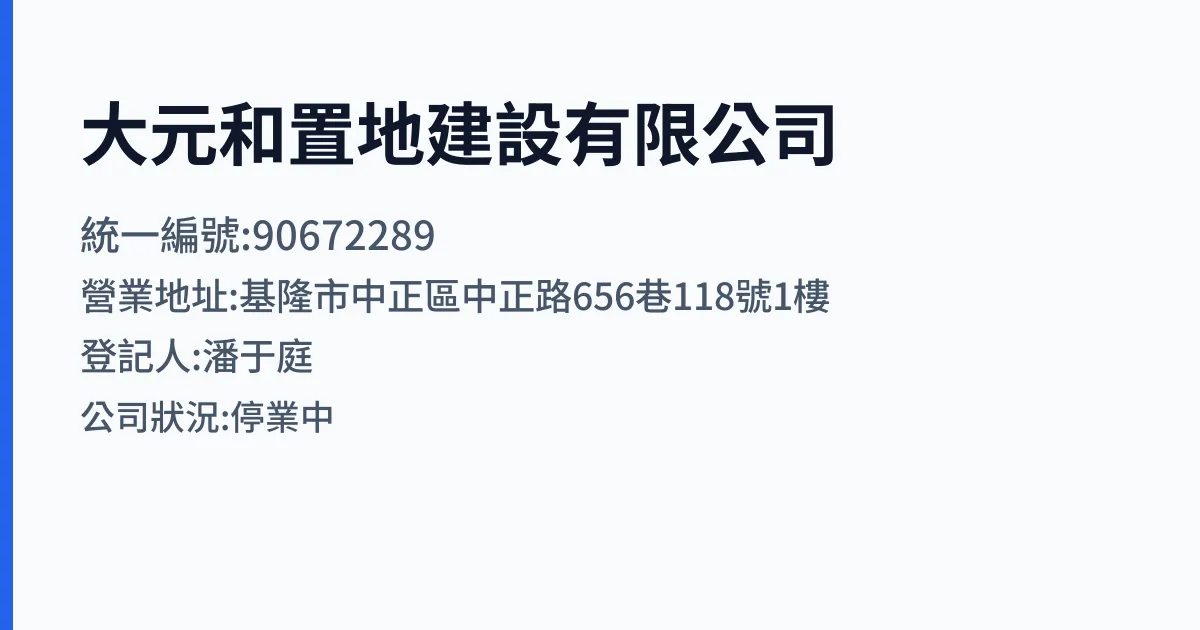 大元和置地建設有限公司 - 統編 90672289(基隆市) 公司登記資料與營業項目詳細圖表