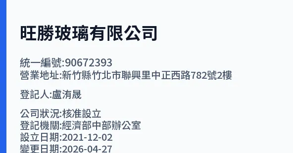 旺勝玻璃有限公司的照片-統編 90672393(新竹縣) 公司登記資料與營業項目詳細圖表