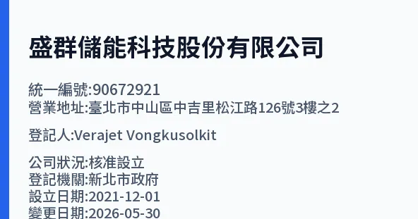 盛群儲能科技股份有限公司的照片-統編 90672921(臺北市) 公司登記資料與營業項目詳細圖表