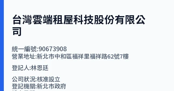 台灣雲端租屋科技股份有限公司的照片-統編 90673908(新北市) 公司登記資料與營業項目詳細圖表