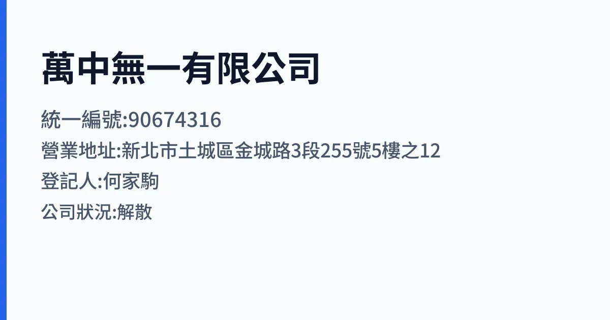 萬中無一有限公司 - 統編 90674316(新北市) 公司登記資料與營業項目詳細圖表